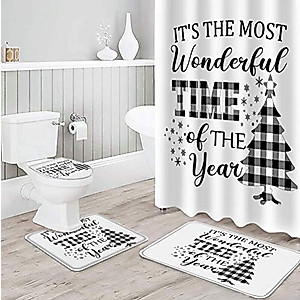 4 Pcs Shower Curtain Sets with Non-Slip Rugs, Toilet Lid Cover, Bath Mat Buffalo Black White Plaid Christmas Tree Snowflake Bathroom Decor Shower Curtain with 12 Hooks Waterproof Polyester Fabric