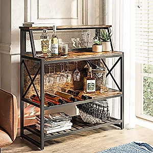 Bestier Bar Table with Storage Coffee Bar Cabinets for Liquor and Glasses, Wine Rack Freestanding Floor with Glass Holder for Home Kitchen Dining Room Basement,Rustic Brown