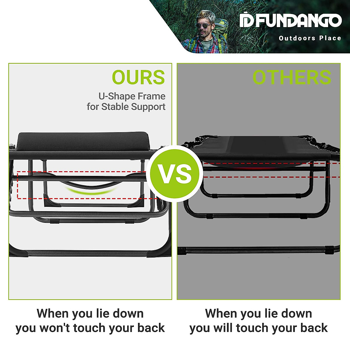 FUNDANGO Widen Lounge Chair for Adults, Adjustable 4-Position Reclining Folding Chaise Lounge Chair with Pillow for Camping, Outdoor, Beach, Pool, Patio, 2 Pack