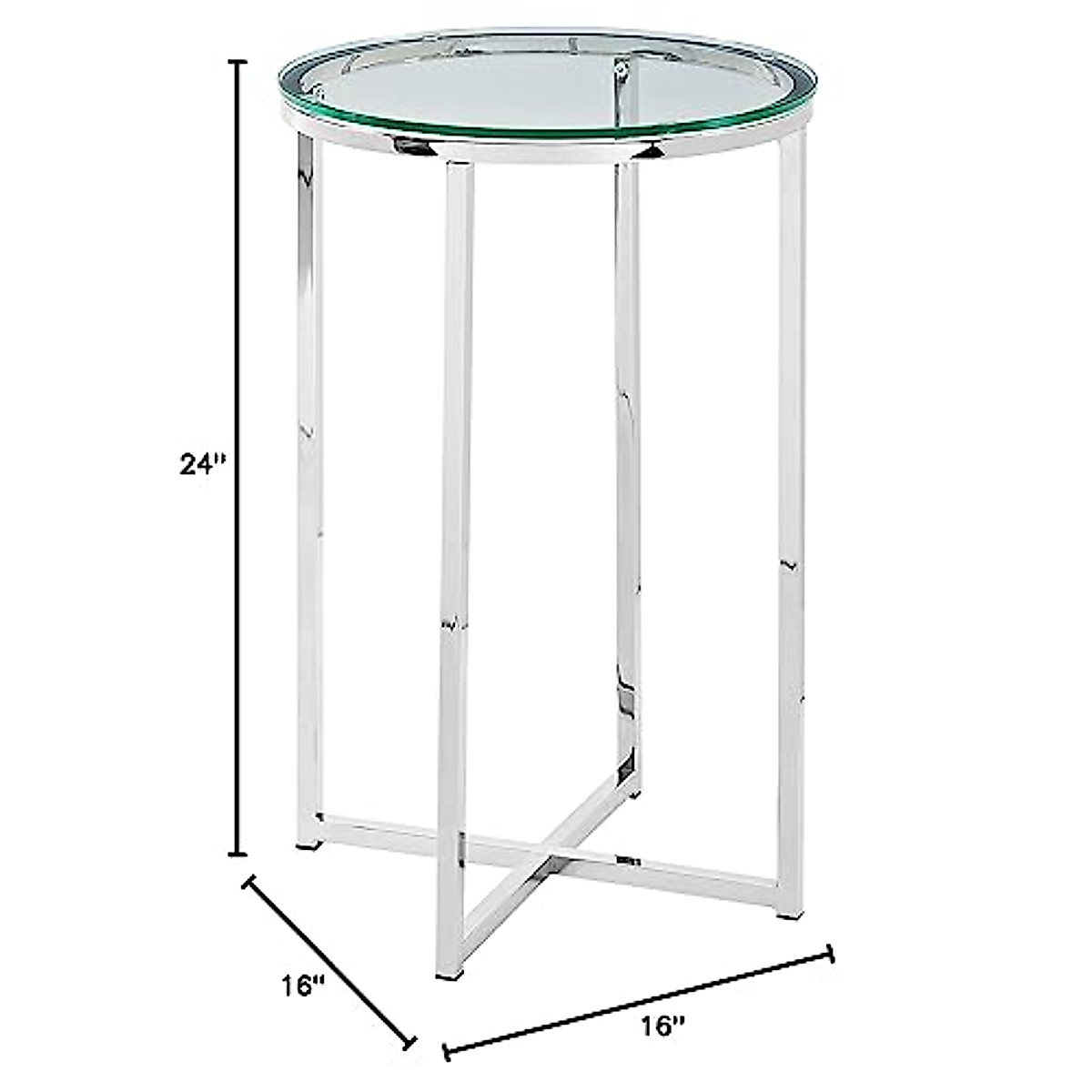 Walker Edison Cora Modern Glass Top Round Accent Table with X Base, 16 Inch, Glass and Chrome