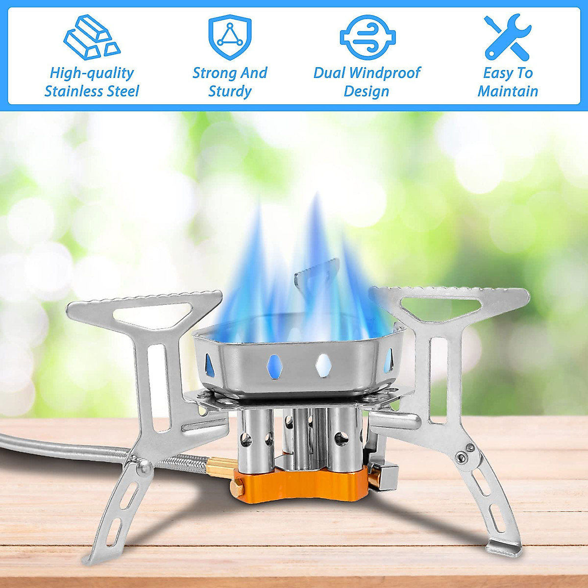5800W Camping Gas Stove, Portable Camping Stoves, Windproof Mini Propane Burner with Adapter, Lightweight Foldable Backpacking Stove with 3 Burners for Outdoor Backpacking Camping Hiking Picnic