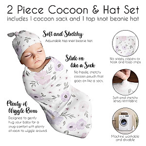 Sweet Jojo Designs Watercolor Floral Baby Girl Cocoon and Beanie Hat 2pc Set Jersey Stretch Knit Sleeping Bag for Infant Newborn Nursery Sleep Wrap Sack - Lavender Purple Pink Grey Shabby Chic Flower