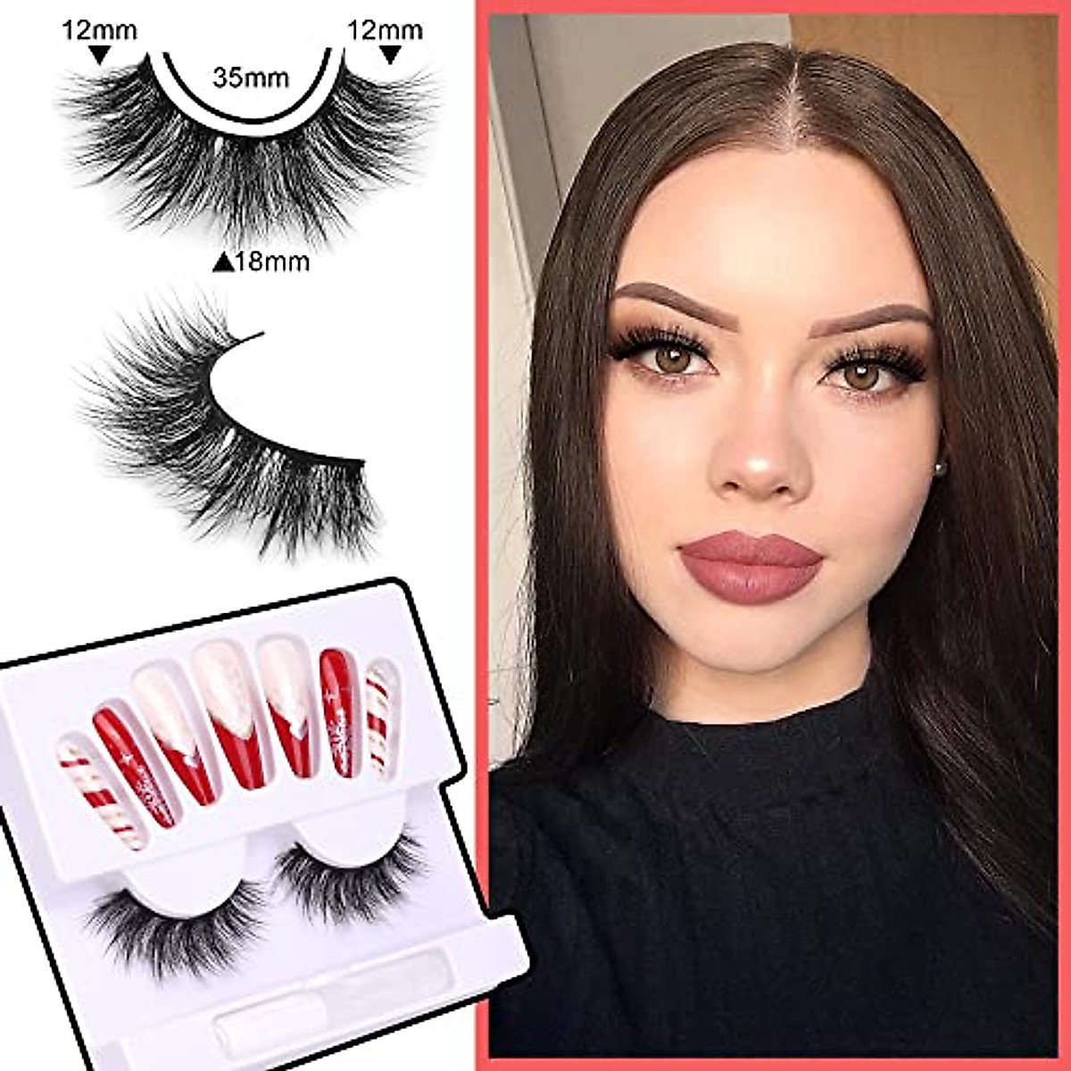 Press on Nails and Lashes Kit, ALPHONSE 24Pcs Long Coffin Fake Nails with Tattoo, Fluffy Wispy Lashes Natural Look False Eyelashes Pack