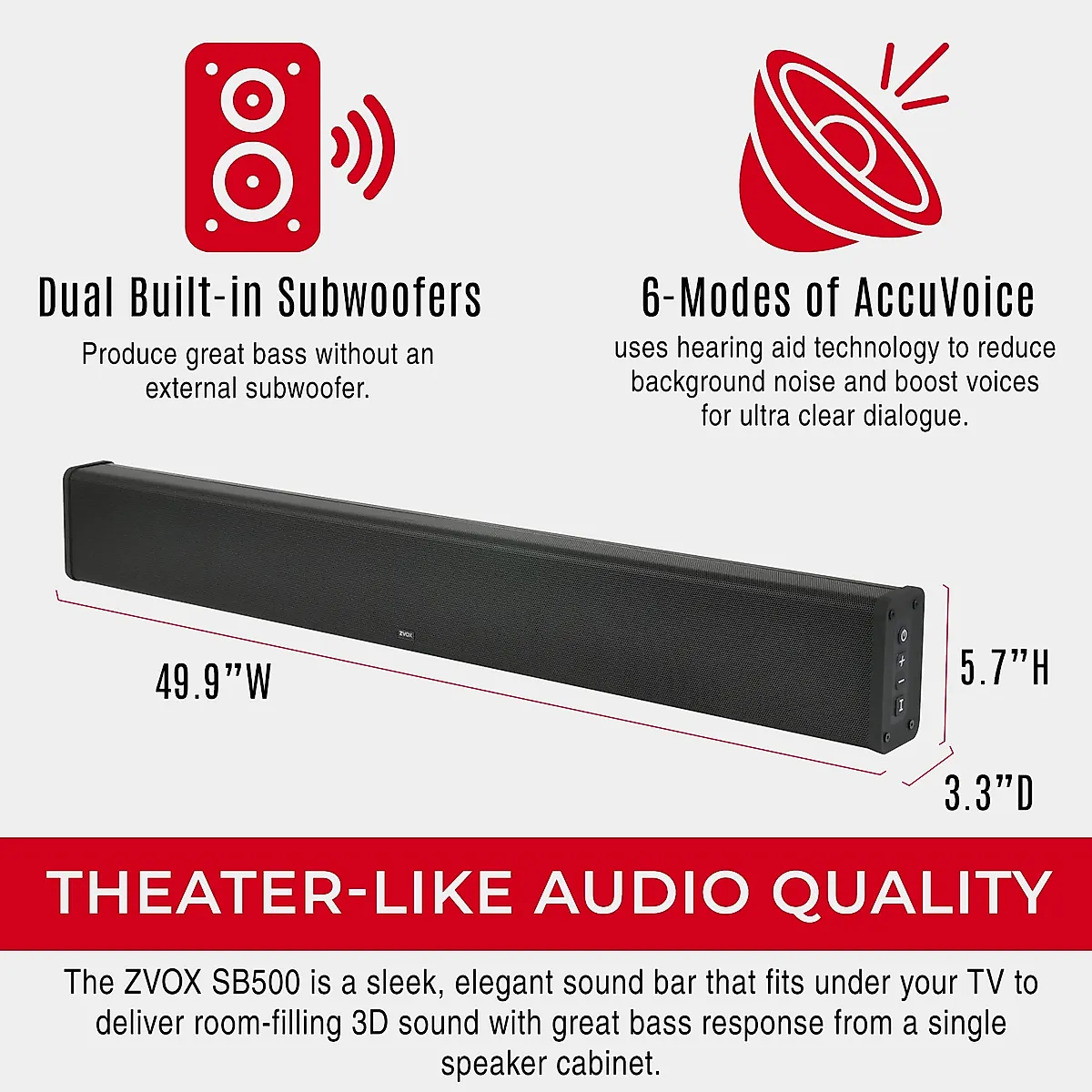 ZVOX SB500 Soundbar for TV, Home Speaker Bar Works with 50" to 90" TVs, Soundbar with Subwoofer Built-in, 6 Modes AccuVoice Dialogue Boost, Multi-Zone Audio and Hearing Technology
