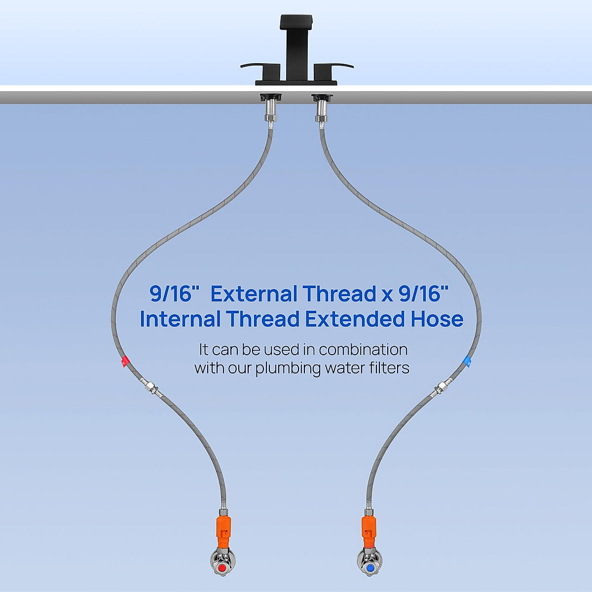J-HVA Faucet Supply Lines Length 12" x G 3/8, 9/16" Female x 9/16" Male Thread Connector Braided Nylon Extension Hoses for Bathroom Kitchen Sink Faucet Hose Filter, Stainless Steel Nut (1 Pair)