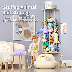 Zayysoha Stuffed Animal Storage Wood Soft Toy Shelf with Adjustable Length Large Corner Plush Toys Holder Nursery Hanging Organizer with Moon Zoo Pattern for Nursery PlayRoom Bedroom KidRoom