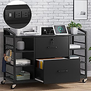 SEDETA 44" File Cabinet, Filing Cabinet fits Legal/Letter Size, 2 Drawer File Cabinets for Home Office with Lock, Power Strip, 6 Storage Shelves, Rustic Brown