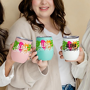 WEDDINGSTAR Personalized Stemless Travel Tumbler 12oz – Insulated Stainless Steel Wine Glass with Lid - Aloha Beaches - Blue