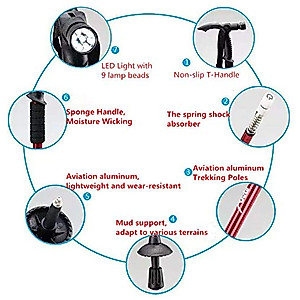 capus Aluminum Trekking Poles T-Handle Anti-Shock Telescopic Walking Cane Hiking Sticks with LED Light (Black)