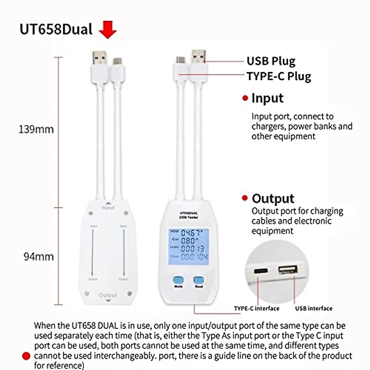 (UT658 Dual) USB Detector Digital Voltmeter Ammeter Power Capacity Voltage Current Meter Used to Inspect USB Chargers, Portable Power Sources
