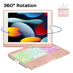 NOKBABO iPad 9th Generation Case with Keyboard, 360° Rotatable Touchpad and 7 Color Backlight & Pencil Holder for iPad 9th/8th/7th Gen 10.2 inch & iPad Air 3rd Gen/iPad Pro 10.5 inch - Rose Gold