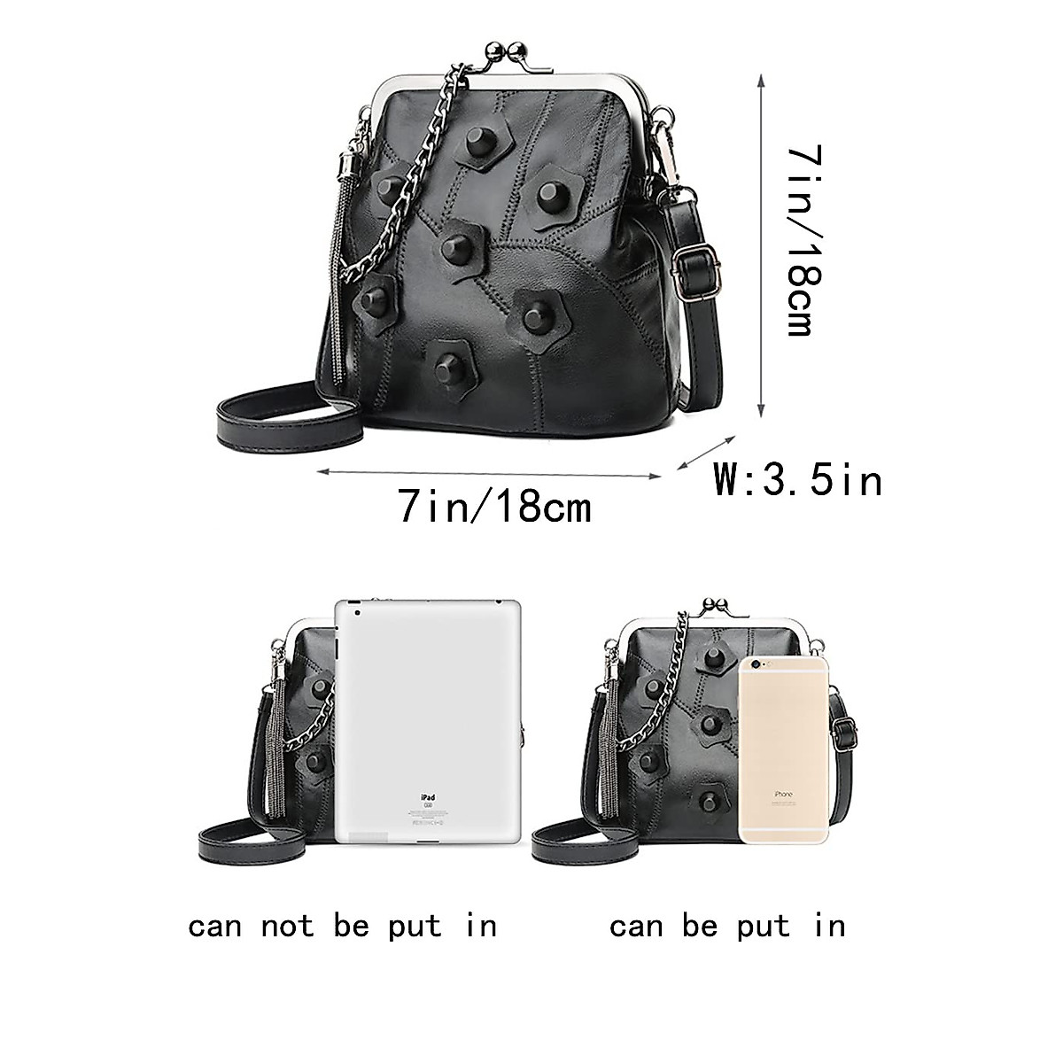 SMALLBLUER Women Rivet Purses Satchel Kiss-lock Vintage Chain Shoulder Bag Clutch Wallet Handbag with Tassel Pendant-Black