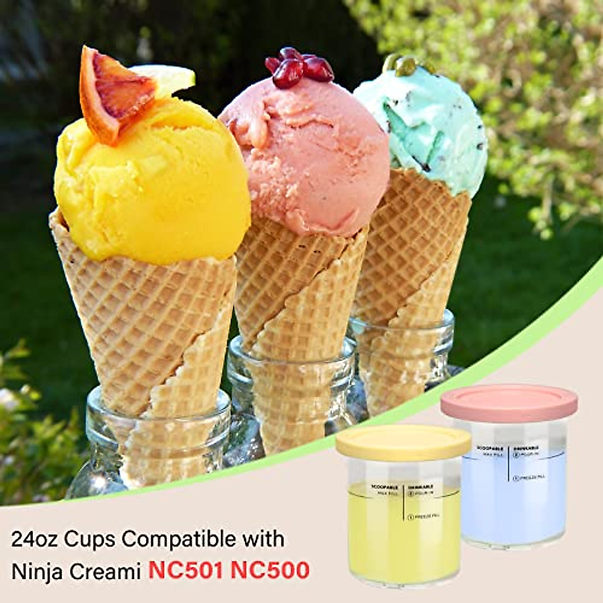 SLLFLY Replacement Pints and Lids for Ninja NC501 NC500 Series Creami Deluxe 2 Pack- Compatible with Ninja Creami Deluxe Ice Cream Maker (Yellow,Pink)