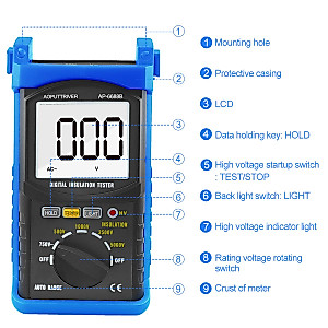 Digital Insulation Resistance Tester, AP-6688B Auto Range Megohmmeter 1999 Counts LCD Display 500/1000/2500/5000V Voltage,1MΩ~200GΩ Resistance Testing with Data Hold Backlit for Motor Cables Switches