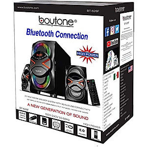 Boytone BT-626F, 2.1 Bluetooth Powerful Home Audio Speaker System, with FM Radio, SD Slot, USB Ports, Digital Playback, 54 Watts, Disco Lights, Remote Control, for Smartphone, Tablet. 110/220V