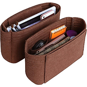 HyFanStr Felt Insert Bag Organizer with Zipper, Small Handbag Purse Organizer Tote Liner Pouch for Women, 2 Pcs Set Coffee