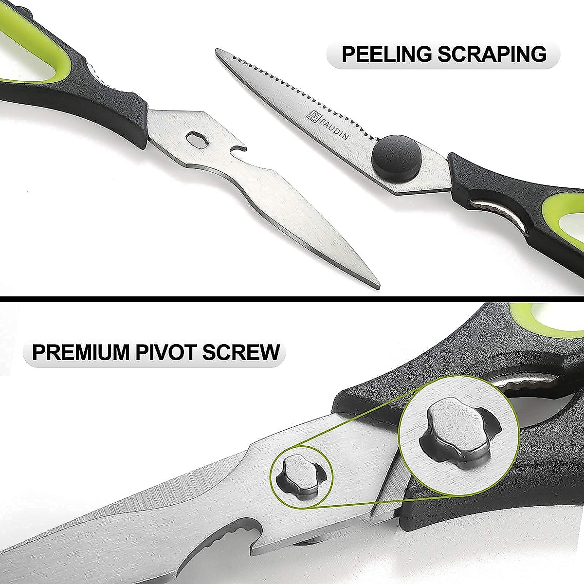 PAUDIN Kitchen Shears, Premium Stainless Steel & Ultra Sharp Shears Come Apart with Comfortable Grip, Multipurpose Utility Food Scissors for Meat, Pizza, Chicken, Fish, Salad, Herbs, BBQ, Black Green