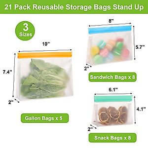 Moretoes 21 Pack Reusable Ziploc Bags (5 Gallon Freezer Bags+8 Reusable Sandwich Bags+8 Snack Ziplock Bags), Silicone Bags Reusable Storage, Quart Bags Washable for Fruit Salad, 3 Colors