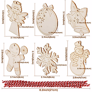 GUDELAK 48PCS Christmas Crafts for Kids, Wooden Christmas Ornaments Unfinished Wood Slices with 6 Styles, DIY Christmas Ornaments Kits for Christmas Tree Holiday Hanging Decorations