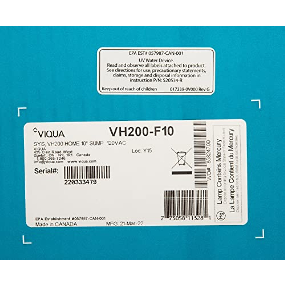 VIQUA VH200-F10 Home Stainless Steel Ultraviolet Water System with Integrated Pre Filter System - 9 GPM 35W