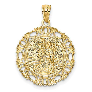 Saint Christopher Figure on Round Pendant with Fancy Border in Real 14k Two-Tone Gold 17mm