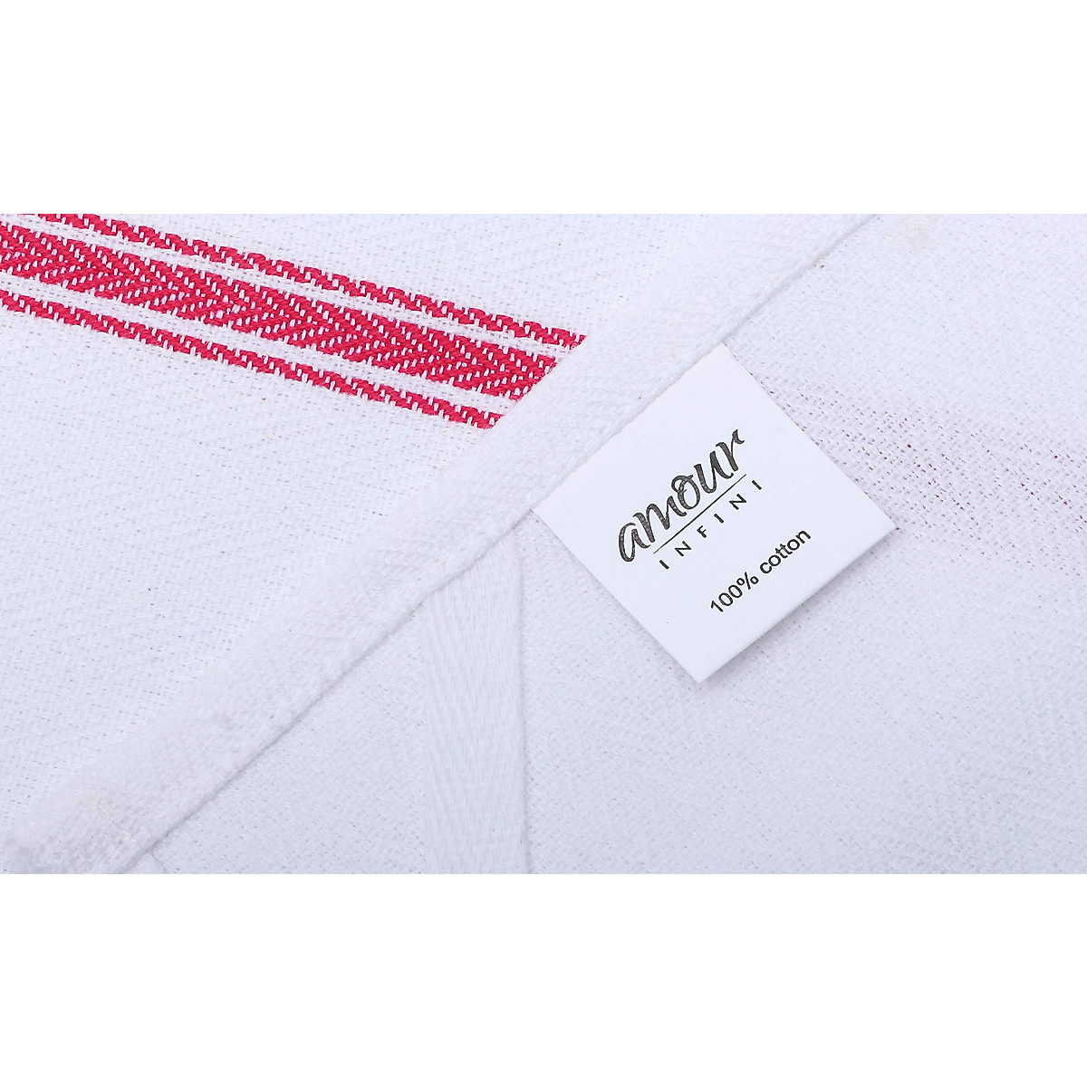 AMOUR INFINI Cotton Herringbone White Dish Towels Set of 12 - Highly Absorbent, Super Soft Tea Towel with Hanging Loops - Extra Large Quick Dry Bar Towel (16x28 Inch - Red)