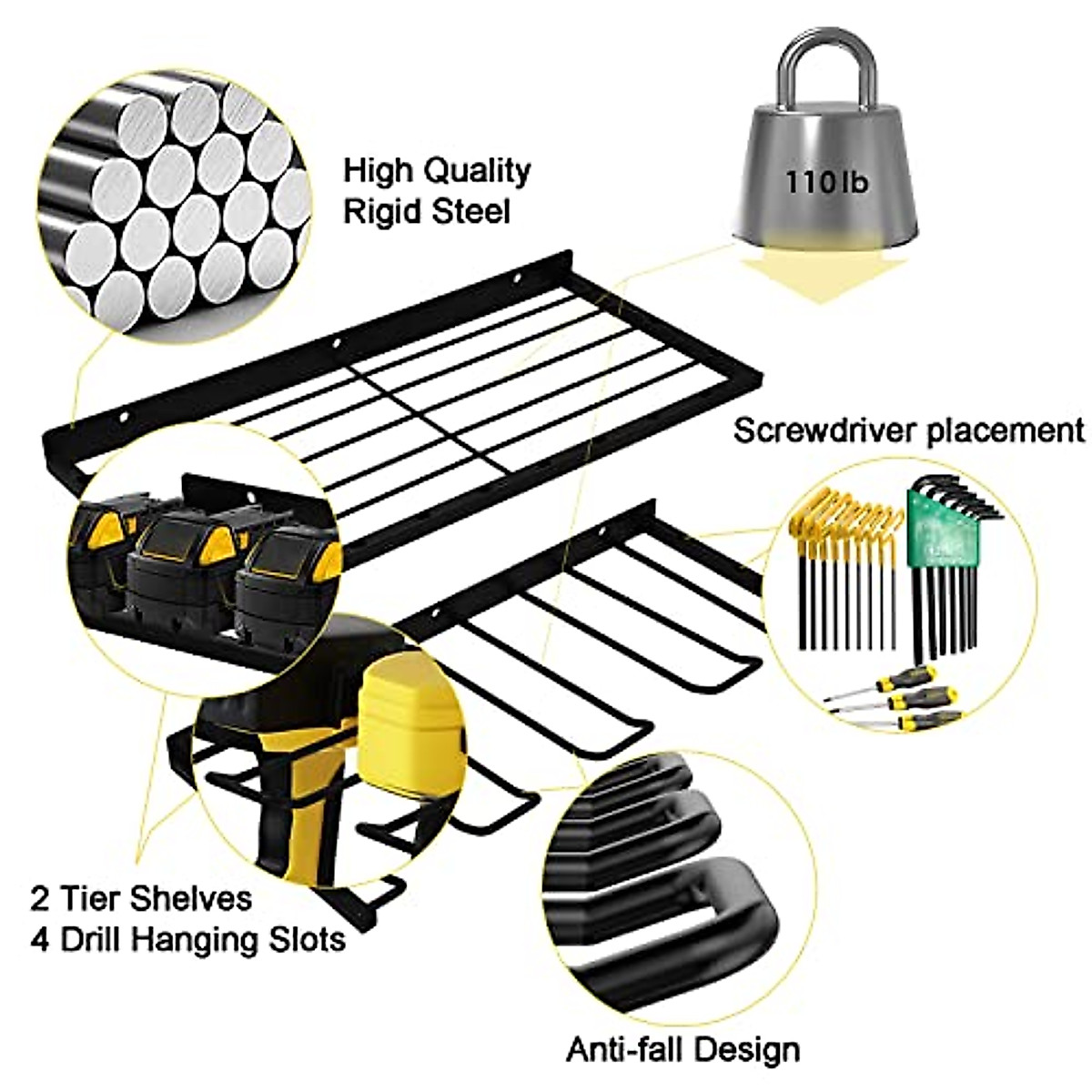 Power Tool Organizer Wall Mount Floating Tool Shelf Drill Rack and Shelf for Workshop Shed(17x9in),(black)