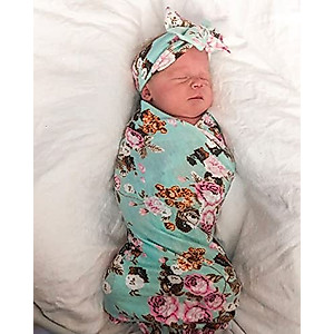 DRESHOW BQUBO Newborn Floral Receiving Blankets 3 Sets Newborn Baby Swaddling with Bow Headbands Sleepsack Toddler Warm