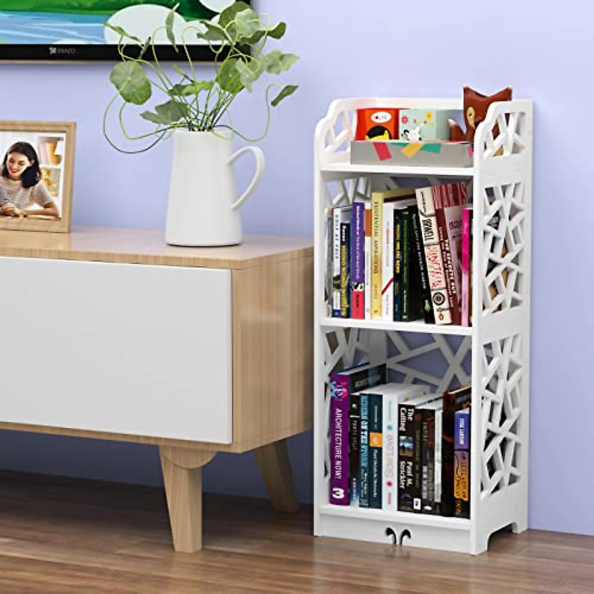 Rerii Small Bookshelf, Bookcase for Small Spaces, 3 Tier 2 Shelf Bookshelves Bookcases, Book Case Shelves for Kids Room, Living Room, Bedroom, Bathroom and Office, White