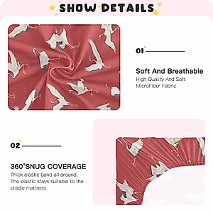 Fitted Playard Sheets Mini Crib Sheets Stretchy for Baby Girl Red Japanese Cranes Soft Neutral
