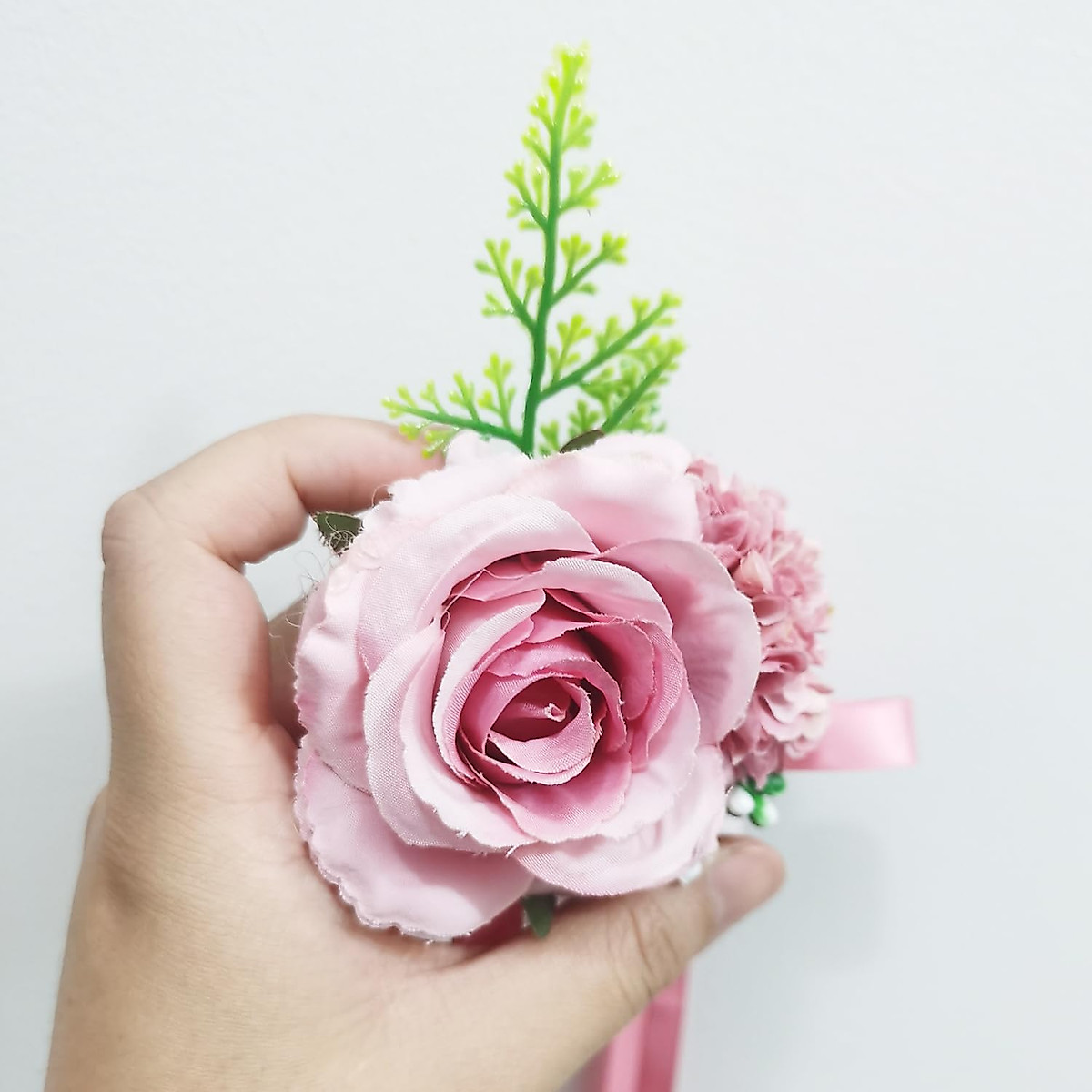 Axnhbubu 4Pcs Bridesmaid Purple Wrist Corsage Bracelet Wristlet Band Bridal Dusty Rose Corsage Girl Women Hand Flowers Boutonnieres for Wedding Prom Party Decorations