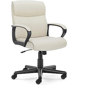 Sweetcrispy Executive Office Chair with Padded Armrests Adjustable Height, 360-Degree Swivel, Lumbar Support, PU Leather, Cream