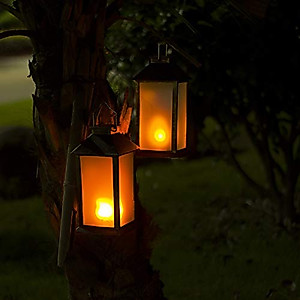 13" Vintage Style Solar Powered Flame Effect (Metallic Coating Black,Plastic),Garden Light Vivid Fire Effect,Outdoor Solar Hanging Lantern,Decorative Candle Lanterns ZKEE (Set of 2)