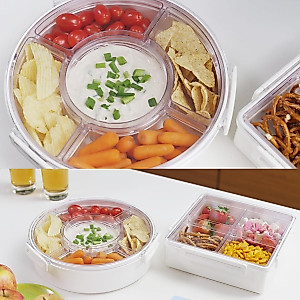 Airtight 5-Compartment Removable Multi Divided Serving Tray with Lid, Portable Charcuterie Container, Snackle Platter, Snack Box, Easy Prepping Organizer Cansiter for Veggie, Fruit, Ingredient (Round)