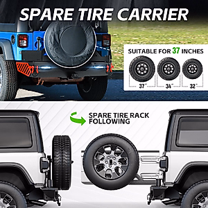 OBNAUX Full Width Front & Rear Bumper w/Spare Tire Carrier Compatible with 2007-2018 Jeep Wrangler JK JKU Unlimited (2/4 Doors) Equipped with Paintable Armor, 2" Hitch Receiver & D-rings