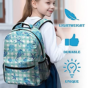 Dacawin Kids Ocean Backpack Blue School Backpacks Ocean Starfish Scallop Bookbag Blue Plaid School Bag Lightweight Casual Daypack Backpacks with Chest Strap