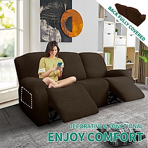 YEMYHOM 8 Pieces Stretch Recliner Sofa Cover Latest Jacquard Reclining Couch Cover with Side Pocket Anti-Slip Fitted 3 Cushion Furniture Slipcovers with Elastic Bottom (Sofa Recliner, Dark Coffee)