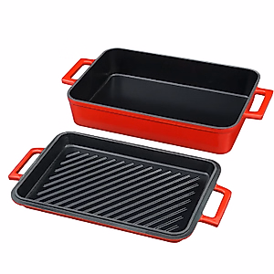 Flavehc Cast Iron Casserole Dish with Skillet Lid 9"x13" Rectangle Casserole Dishes for Oven Cast Iron Baking Dish Cast Iron Lasagna Pan Lasagna Baking Dish Red