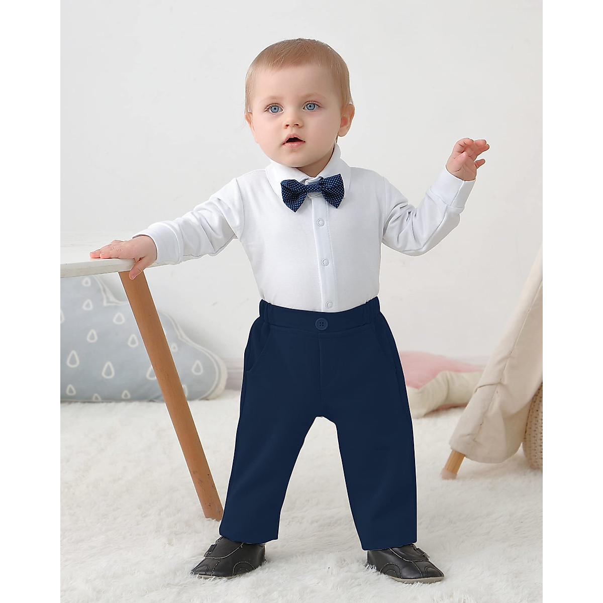 DISAUR Baby Boy Wedding Outfit Long Sleeve Infant White Shirt Dark Blue Plaid Vest Pants Bow Tie Baby Blessing Outfits For Boys 1t 12 18 Months