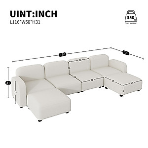 Favfurish 116" U Shaped Modular Sofa,6 Seat Reversible Free Combination Velvet Set,Convertible Sleeper Couched,with Ottoman,for Living, Apartment,Sleeping Room,Beige, 116in