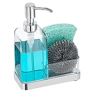 mDesign Plastic Kitchen Sink Countertop Hand Soap Dispenser Pump Bottle Caddy Organizer Holder with Storage for Bathroom - Holds Dish Sponge and Brushes - Omni Collection - Clear/Chrome