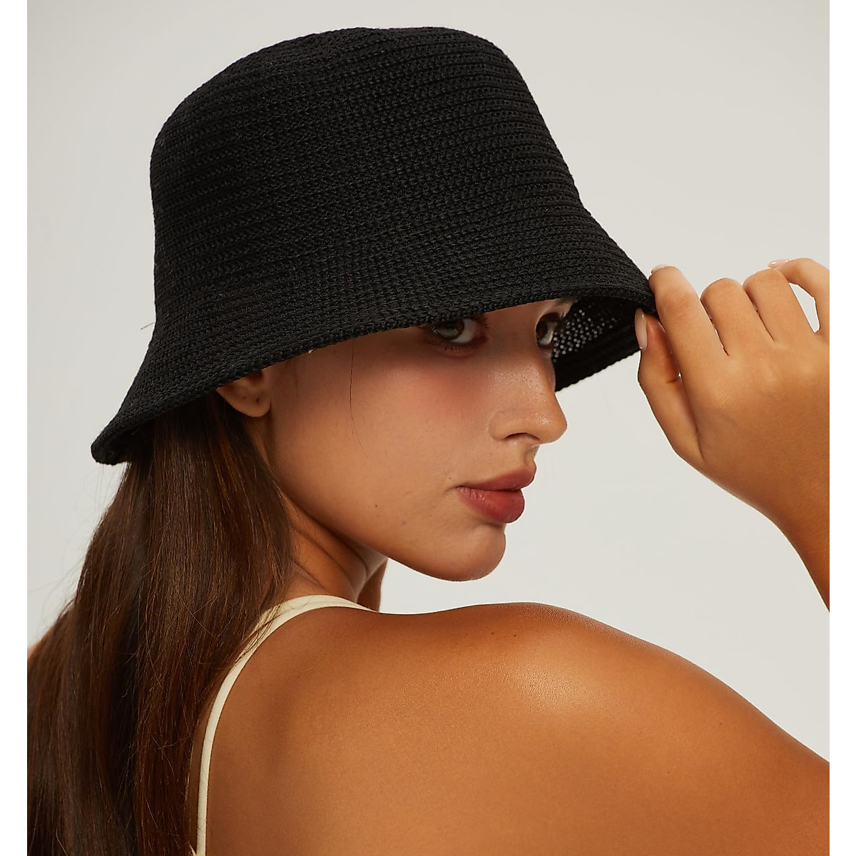 MEINICY Women Mesh Woven Bucket Hat Beach Hat Straw Sun Hat Fashion Foldable Packable Fishing Solid Black Hat for Spring Summer Autumn