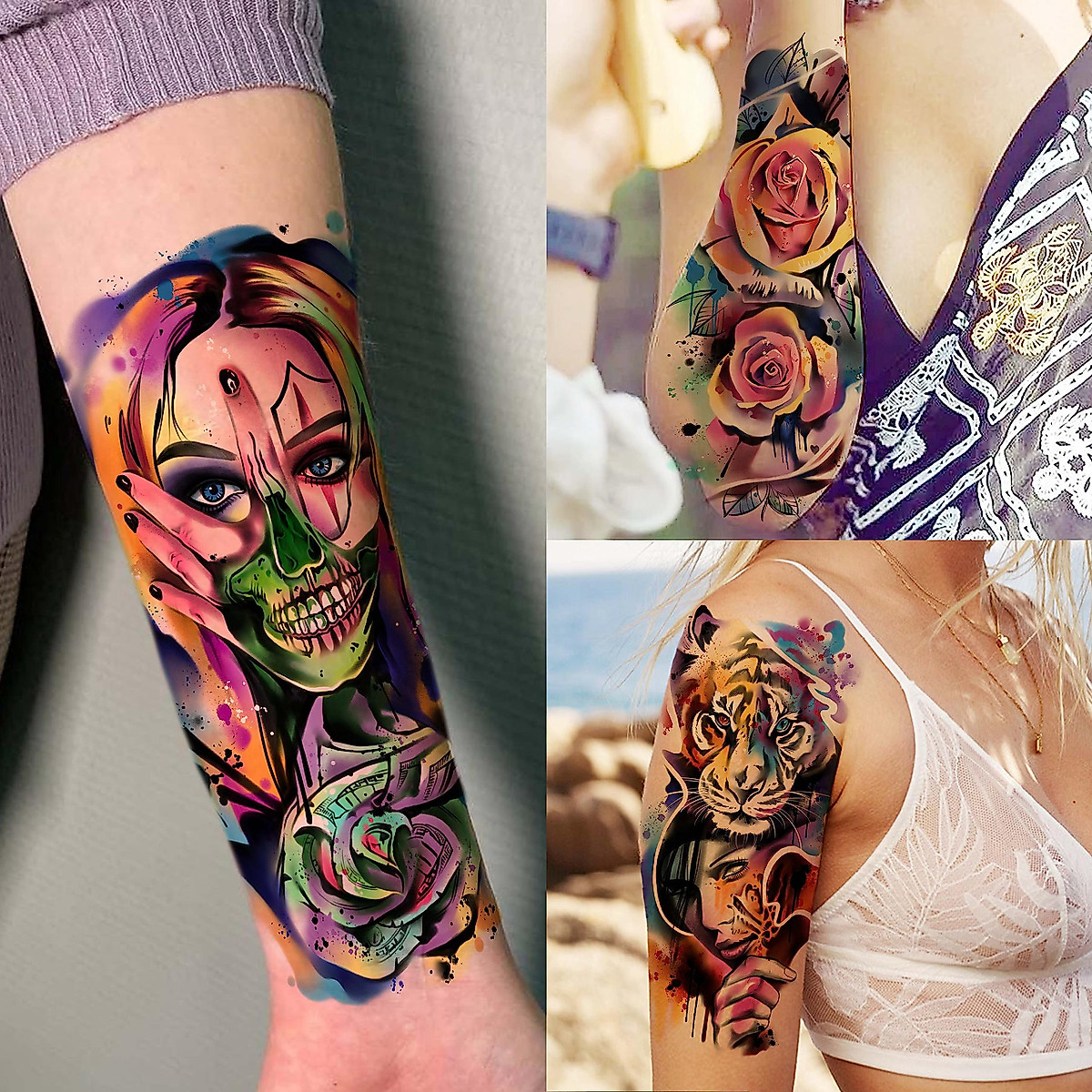 VANTATY 55 Sheets 3D Watercolor Temporary Tattoos For Women Men Adults Arm, Tiger Lion Skull Skeleton Fake Tattoos That Look Real And Long Lasting Colorful Halloween Wolf Rose Flower Temp Tattoo Stickers For Kids Teens
