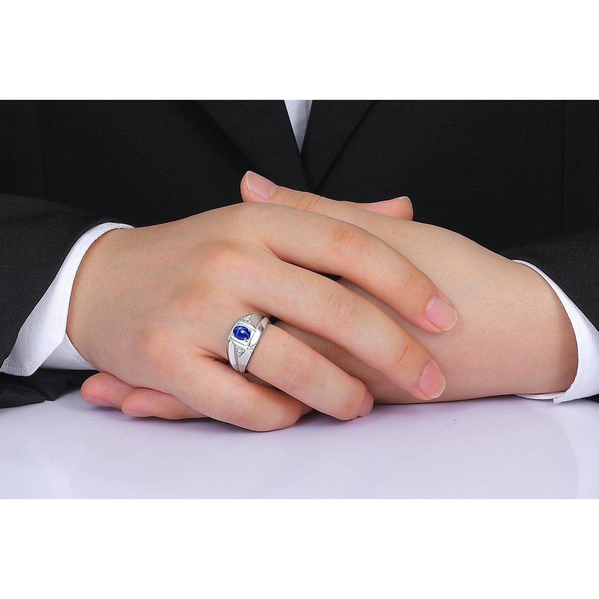 Rylos Sterling Silver Classic 6X4MM Oval Blue Star Gemstone & Sparkling Diamond Ring - Birthstone Jewelry for Men -Size 12