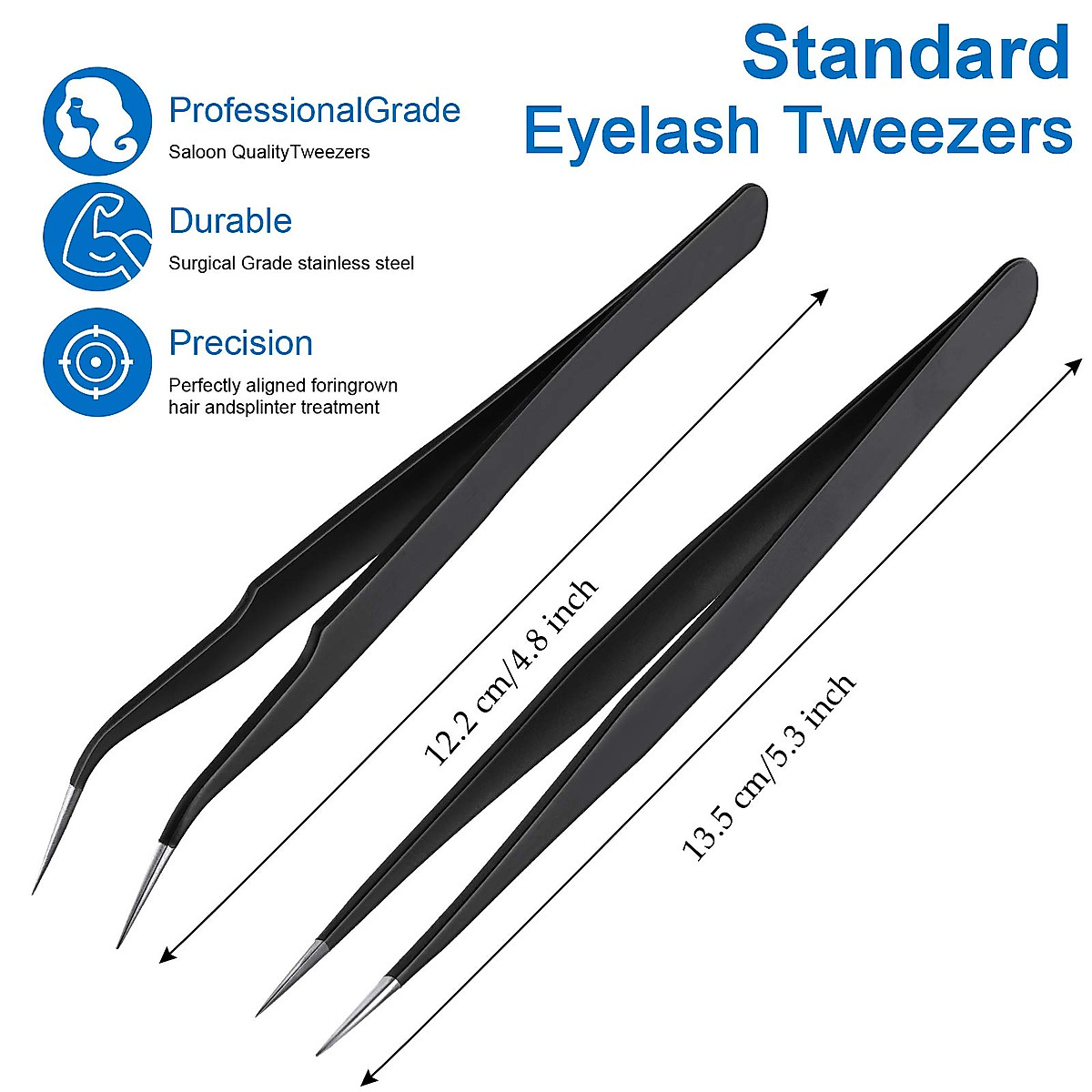 2 Pieces Straight and Curved Tip Tweezers Eyelash Extension Tweezers, Stainless Steel False Lash Application Tools (Black)