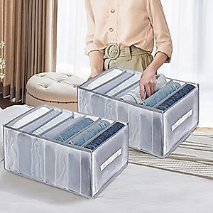 Upgraded 7 Grids Wardrobe Clothes Organizer,2PCS Jean Organizer, Jeans Compartment Storage, Drawer Organizers for Clothing with Handle Foldable, Extra Large Wardrobe Organizer