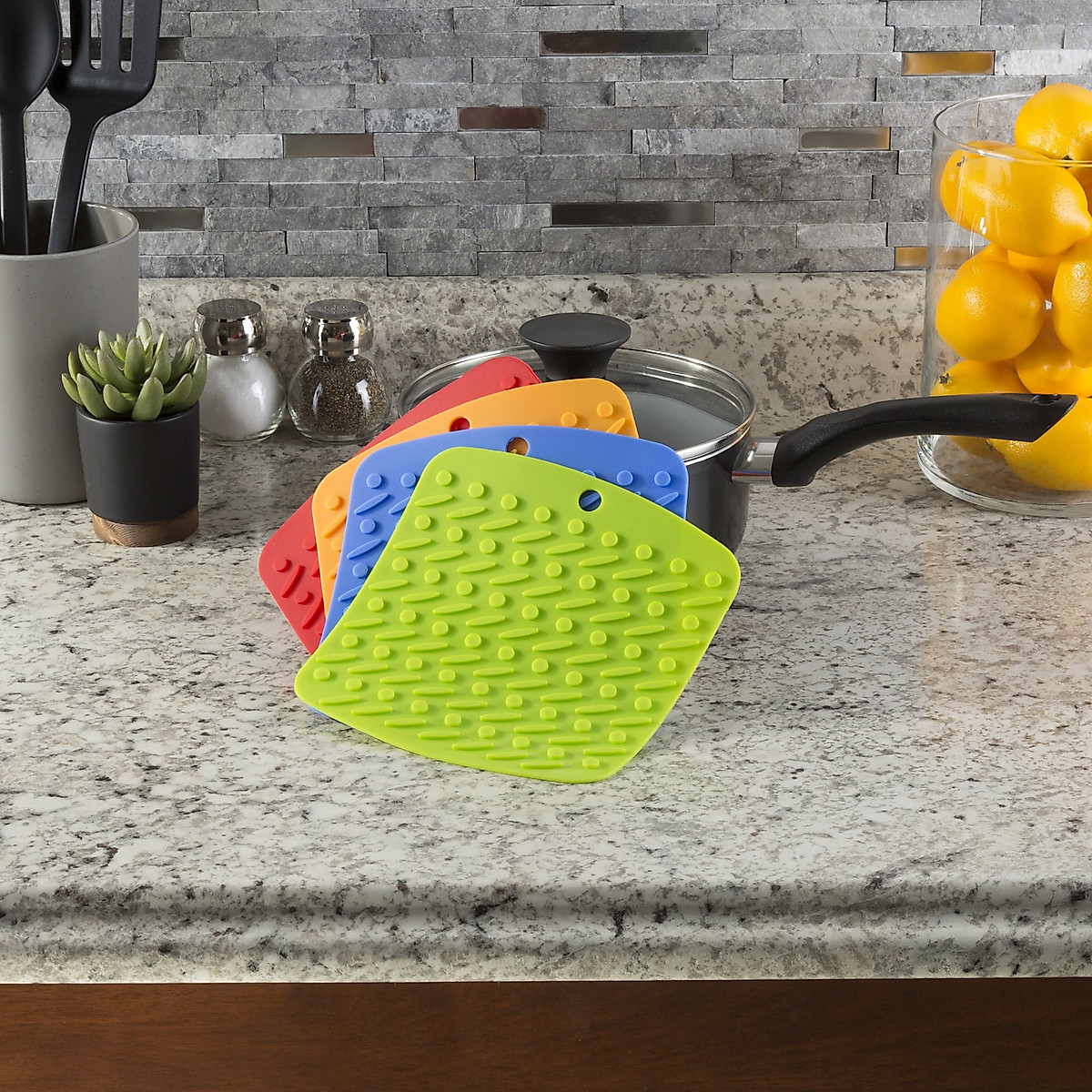 Silicone Pot Holder, Trivet Mat, Jar Opener, Spoon Rest, and Garlic Peeler - 4 pc - by Lavish Home