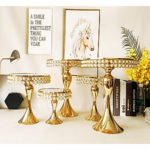 8 Inches 20cm Gold Round Mirror Cake Stand Cupcake Stands Metal Pedestal Holder with Pearls, Party Dessert Cheese Display Plate for Wedding Party Birthday Baby Shower Celebration Home Decoration