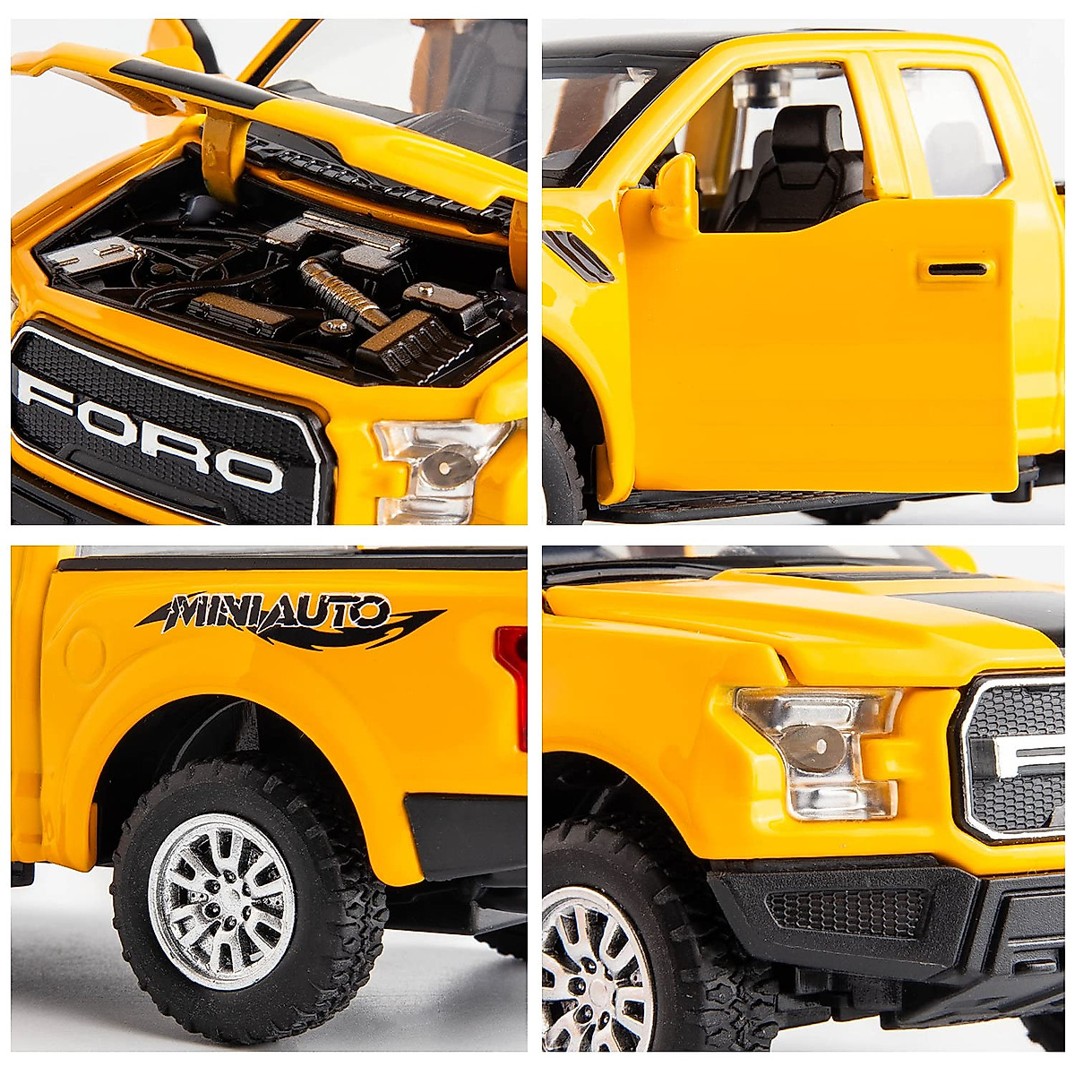 BDTCTK Compatible for 1:32 Ford Raptor F150 Pickup Truck Car Model, Diecast Pull Back Car Toy Car with Sound and Light for Kids Boy Girl, Metal Body, Yellow