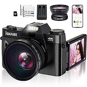 ISHARE Digital Camera for Photography, 4K 48MP Vlogging Camera for YouTube with WiFi, 3-inch 180-degree Flip Screen, 16X Digital Zoom, 52mm Wide Angle & Macro Lens, 32GB TF Card and 2 Batteries